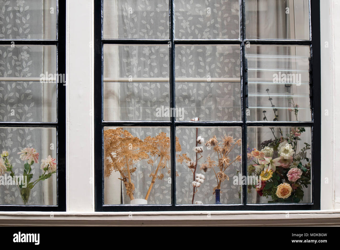 Traditional Dutch window with tulle and dry bouquets on the windowsill ...