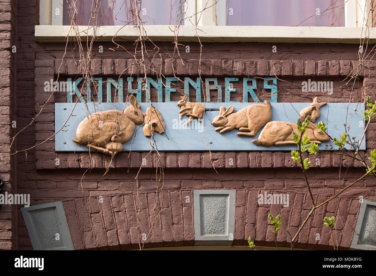 Amsterdam, Holland - 14 April 2018 A sign of the kindergarten. Rabbits ...