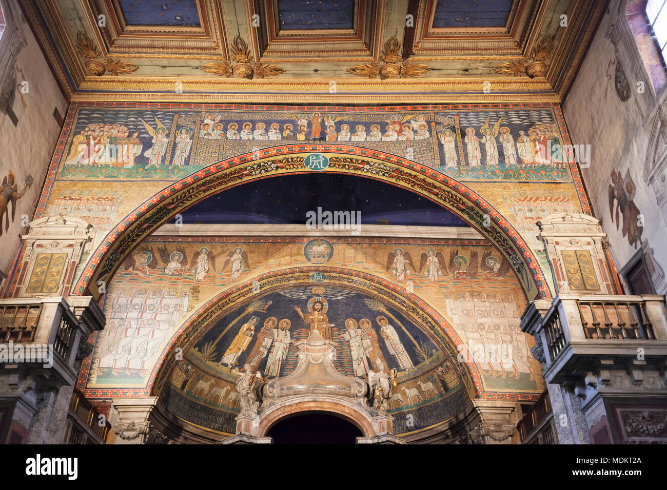 Interior view, mosaics in triumphal arch and apse, Basilica Santa ...