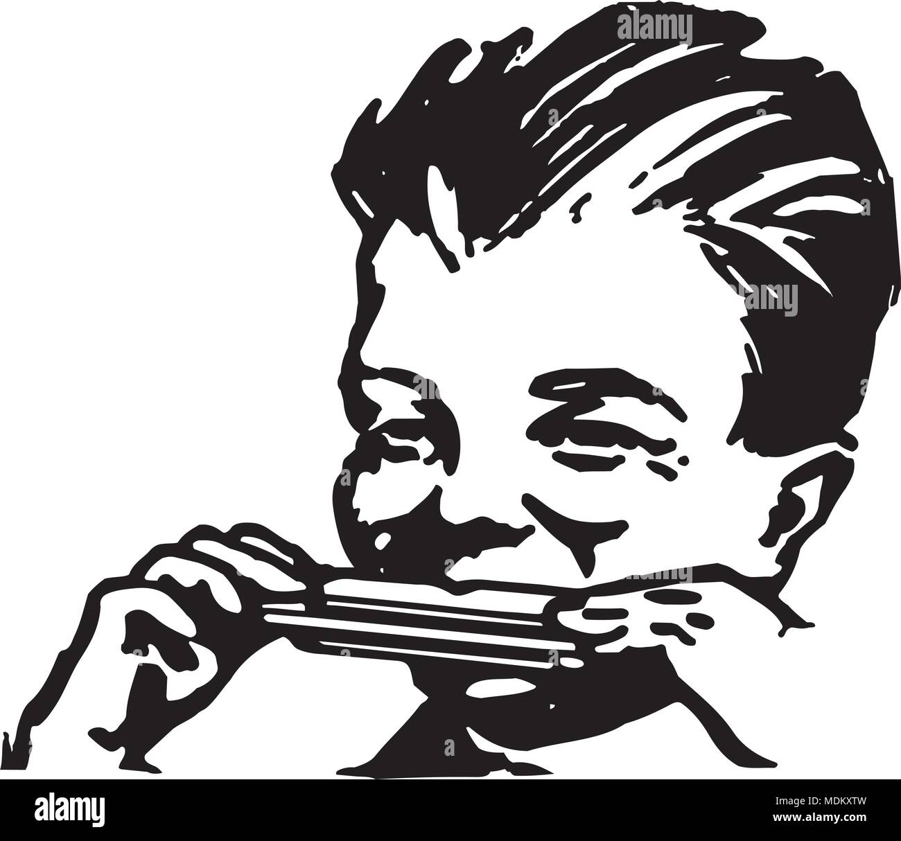 Boy Playing Harmonica - Retro Clipart Illustration Stock Vector Image ...