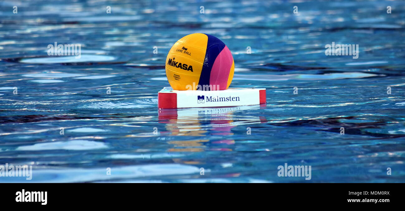 Budapest, Hungary - Jul 16, 2017. Waterpolo ball in the swimming pool ...
