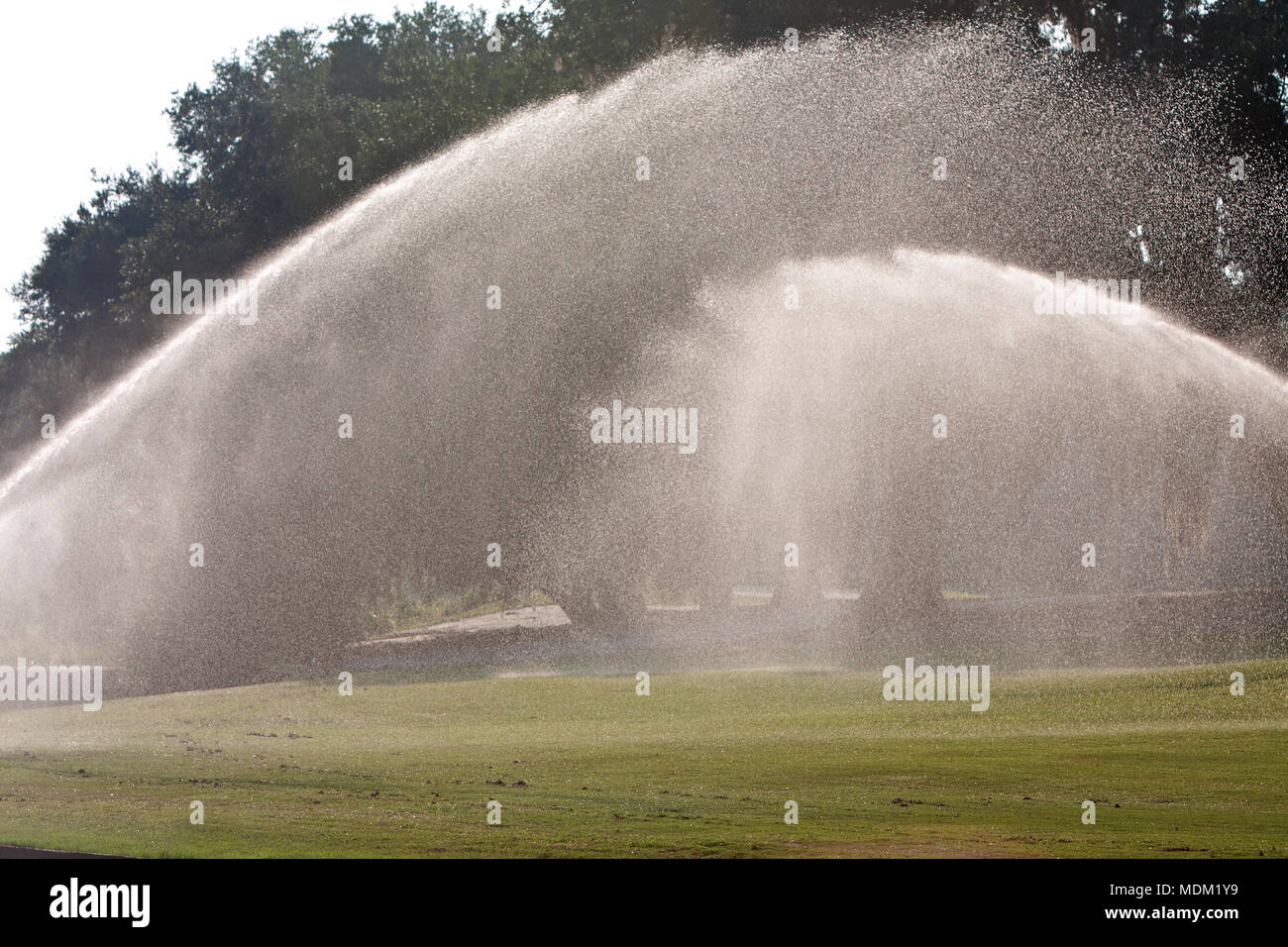 Two sprinklers douse water onto golf course fairway Stock Photo - Alamy