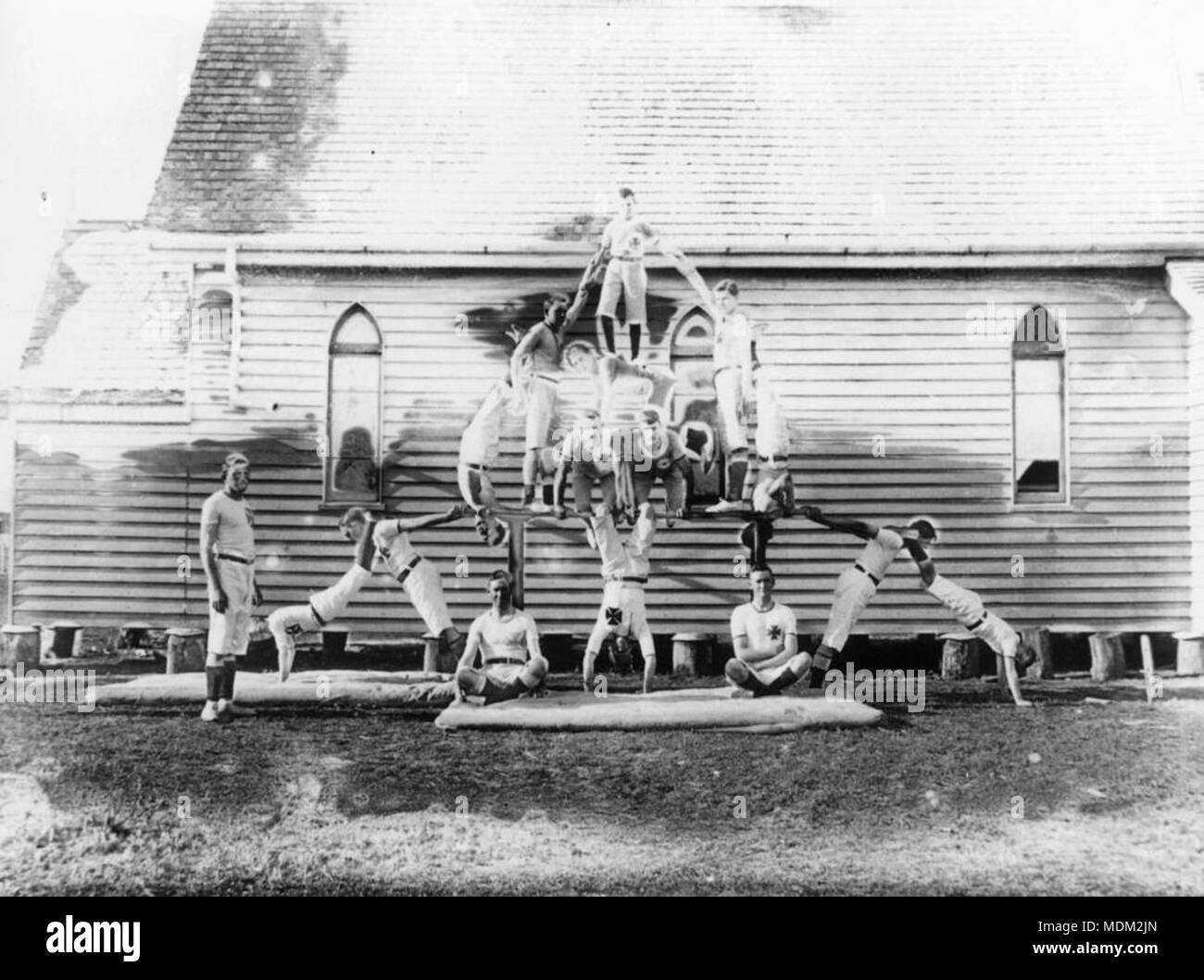 Human pyramid building by the boys gymnastic group, Clifton Church ...