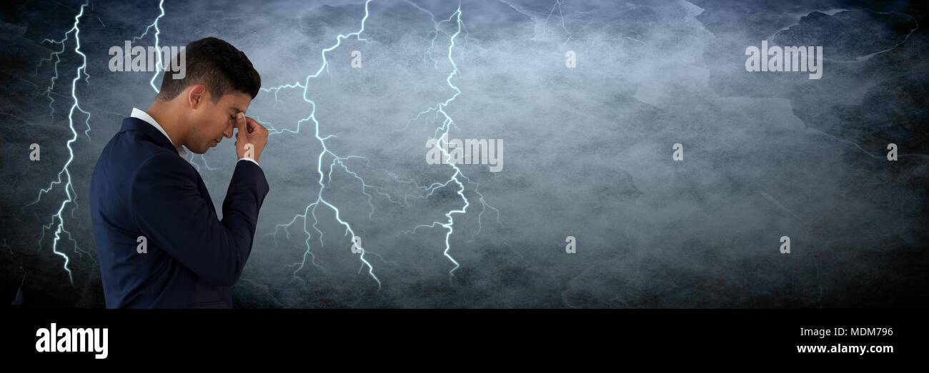 Lightning strikes and stressed man with headache holding head Stock ...