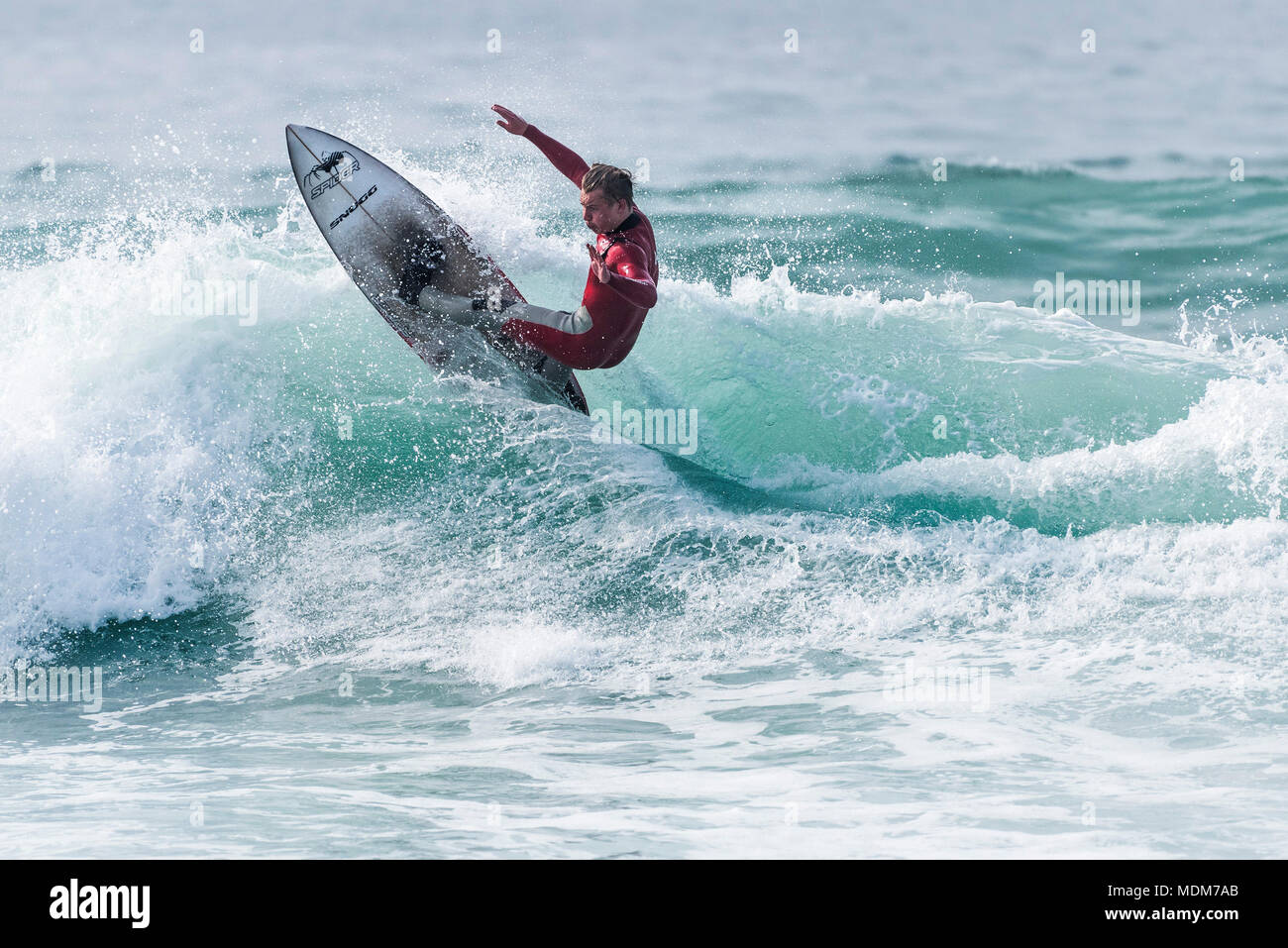 Spectacular surfing action at Fistral Beach in Newquay Cornwall Stock ...