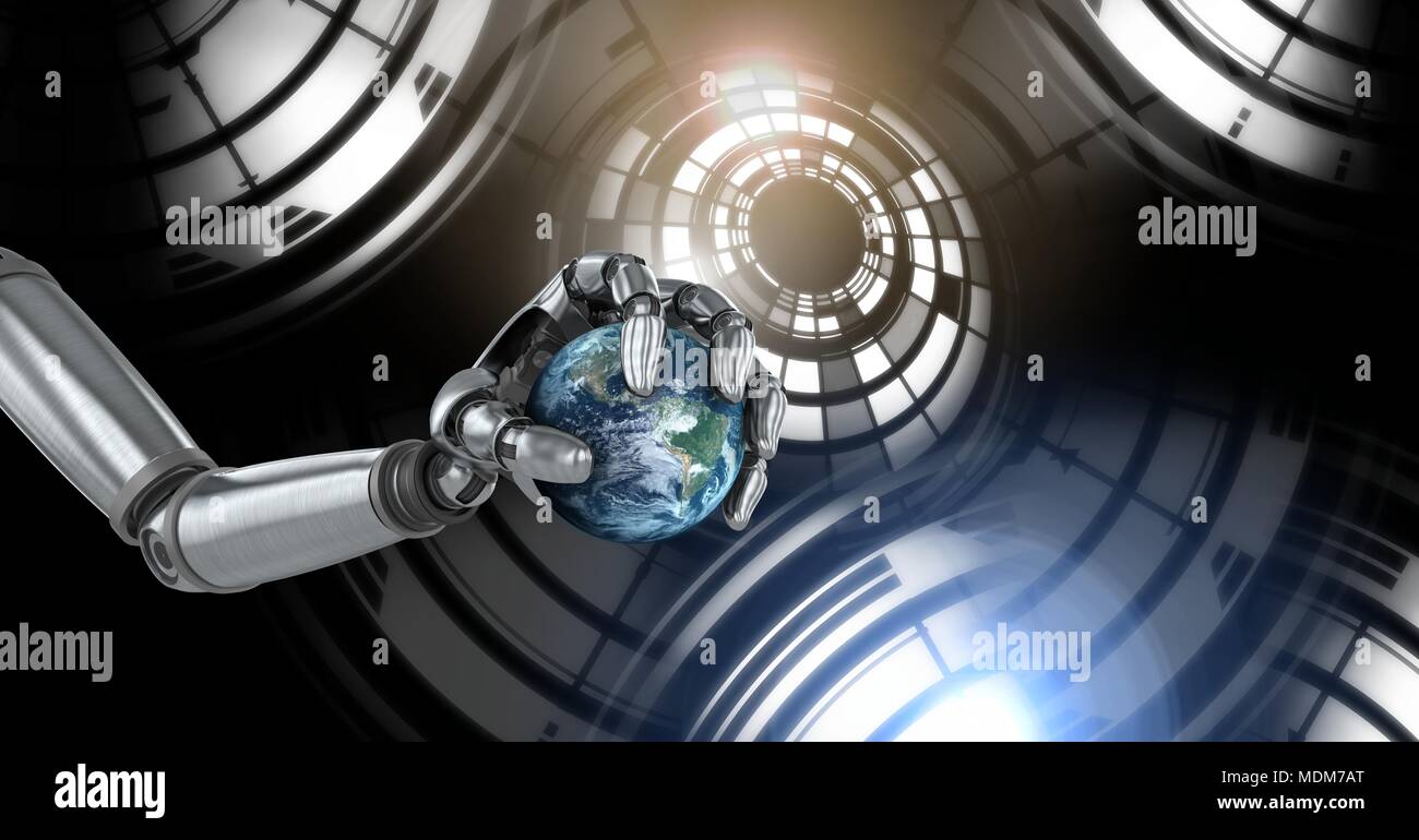 Robotic android hand holding world earth and Glowing circle technology ...