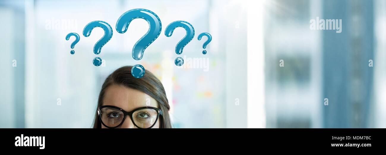 Woman thinking with blue shiny question marks Stock Photo - Alamy