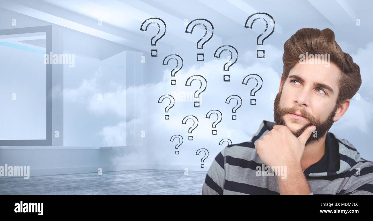 Man thinking with stencil question marks Stock Photo - Alamy