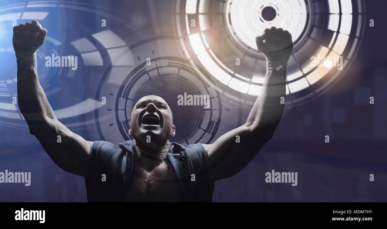 Celebrating strong man with Glowing circle technology interface Stock ...