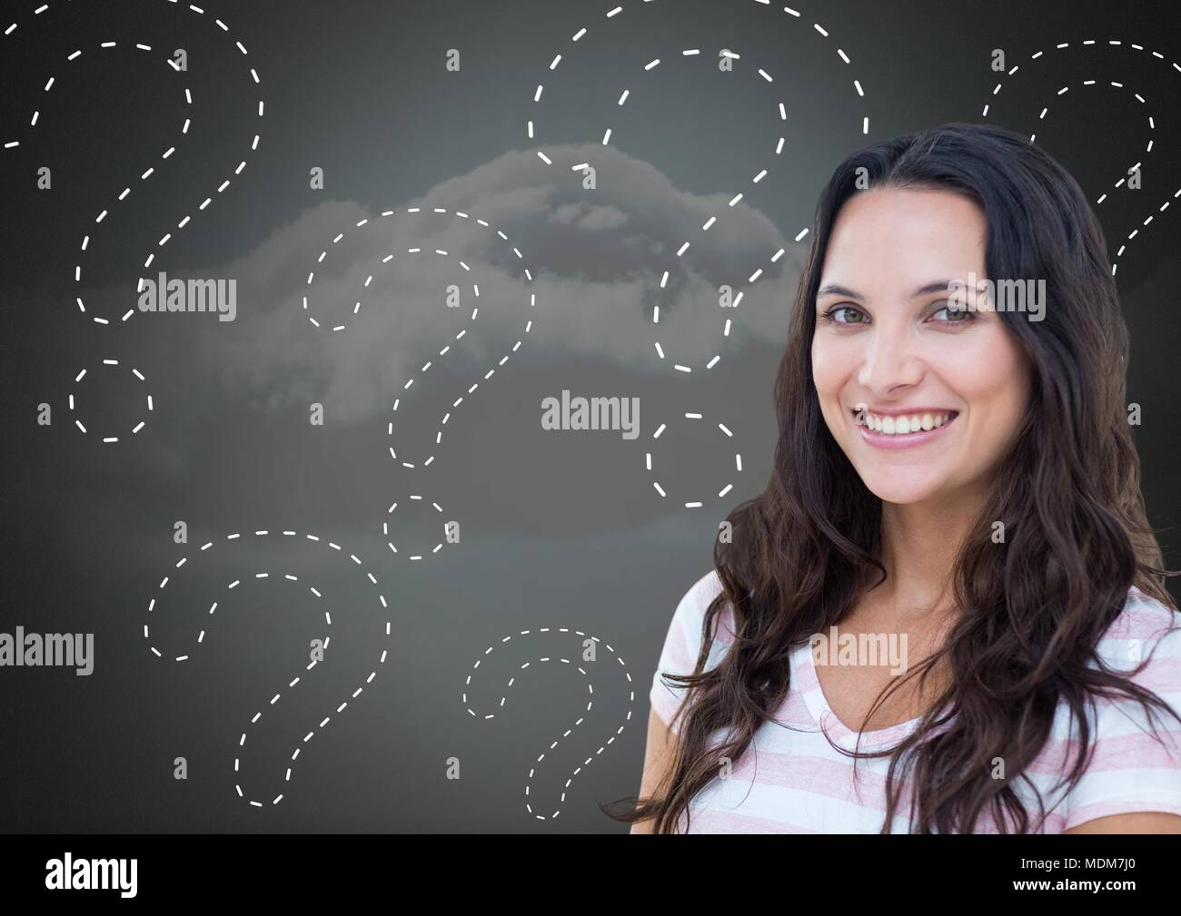 Woman thinking with dotted line question marks Stock Photo - Alamy