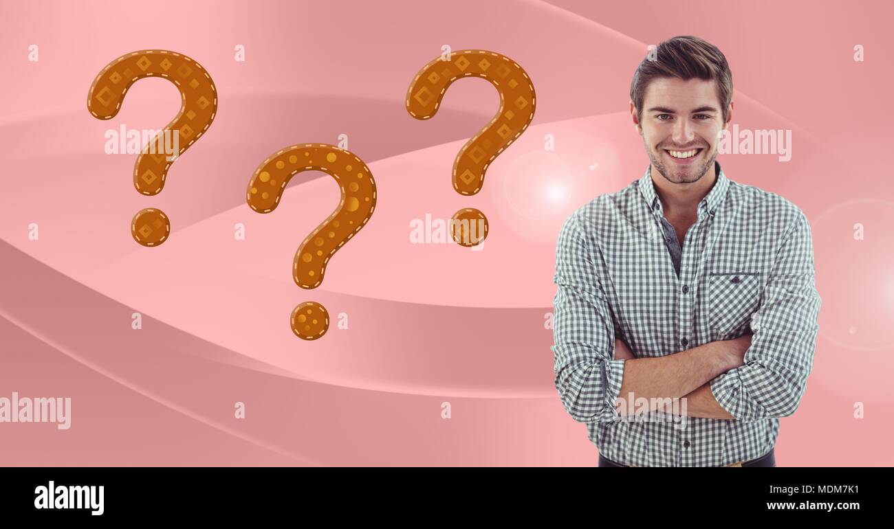 Man thinking with orange thatched question marks Stock Photo - Alamy