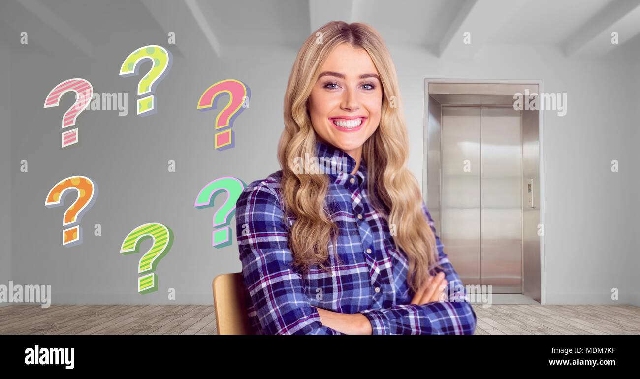 Beautiful Woman thinking with colorful funky question marks Stock Photo ...