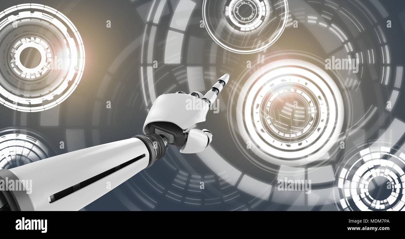 Robotic android hand pointing and Glowing circle technology interface ...