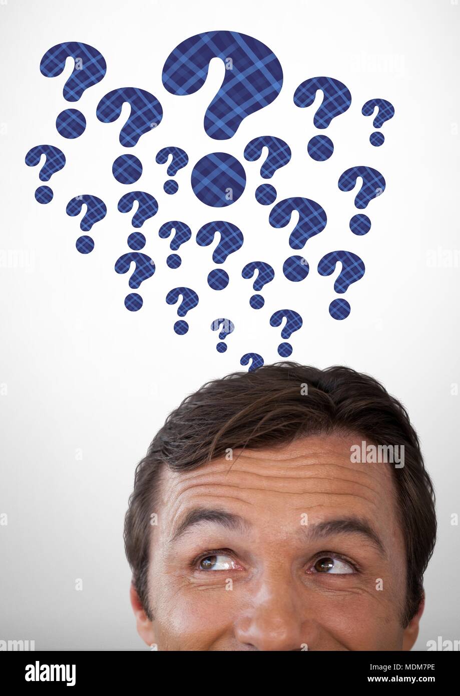Man thinking with blue thatched question marks Stock Photo - Alamy