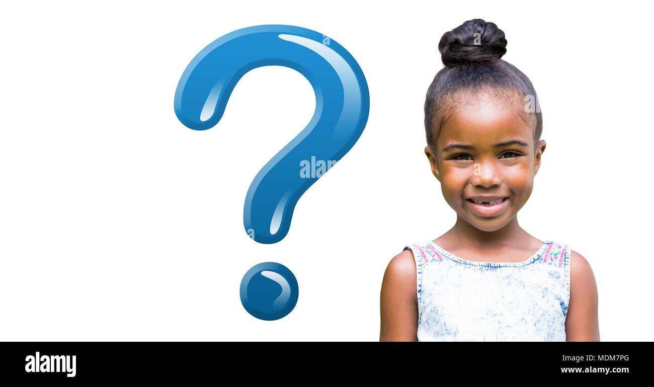 Kid Girl with shiny blue question mark Stock Photo - Alamy