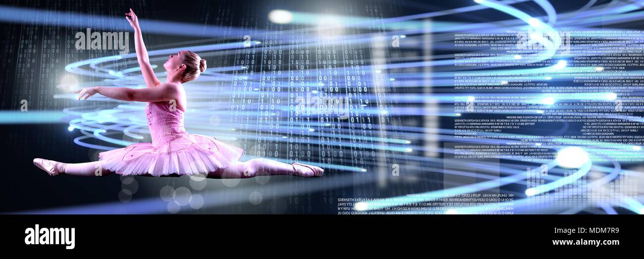 Ballet dancer dancing with digital technology interface and light ...