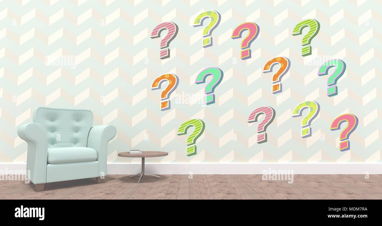 colorful funky question marks in room with chair Stock Photo - Alamy
