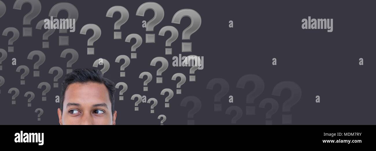 Man with grey question marks emerging from head Stock Photo - Alamy