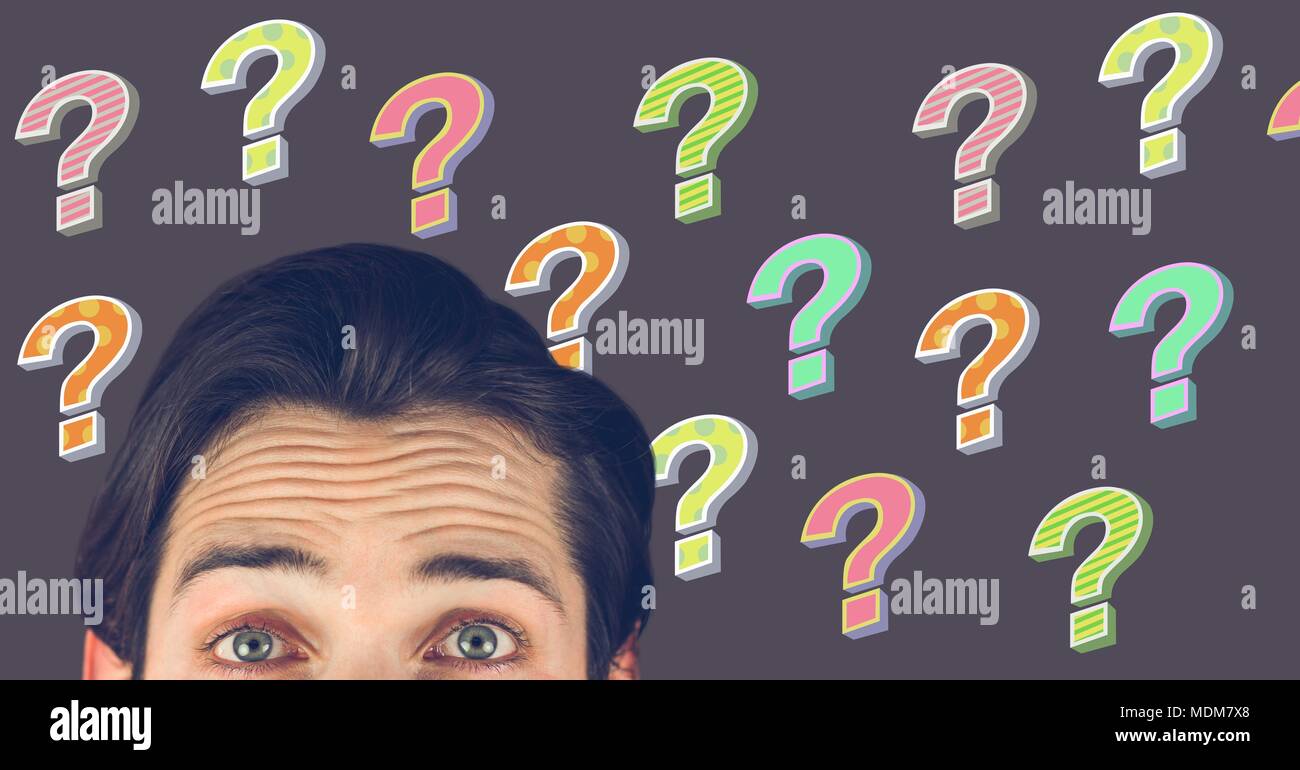 Man thinking with colorful funky question marks Stock Photo - Alamy