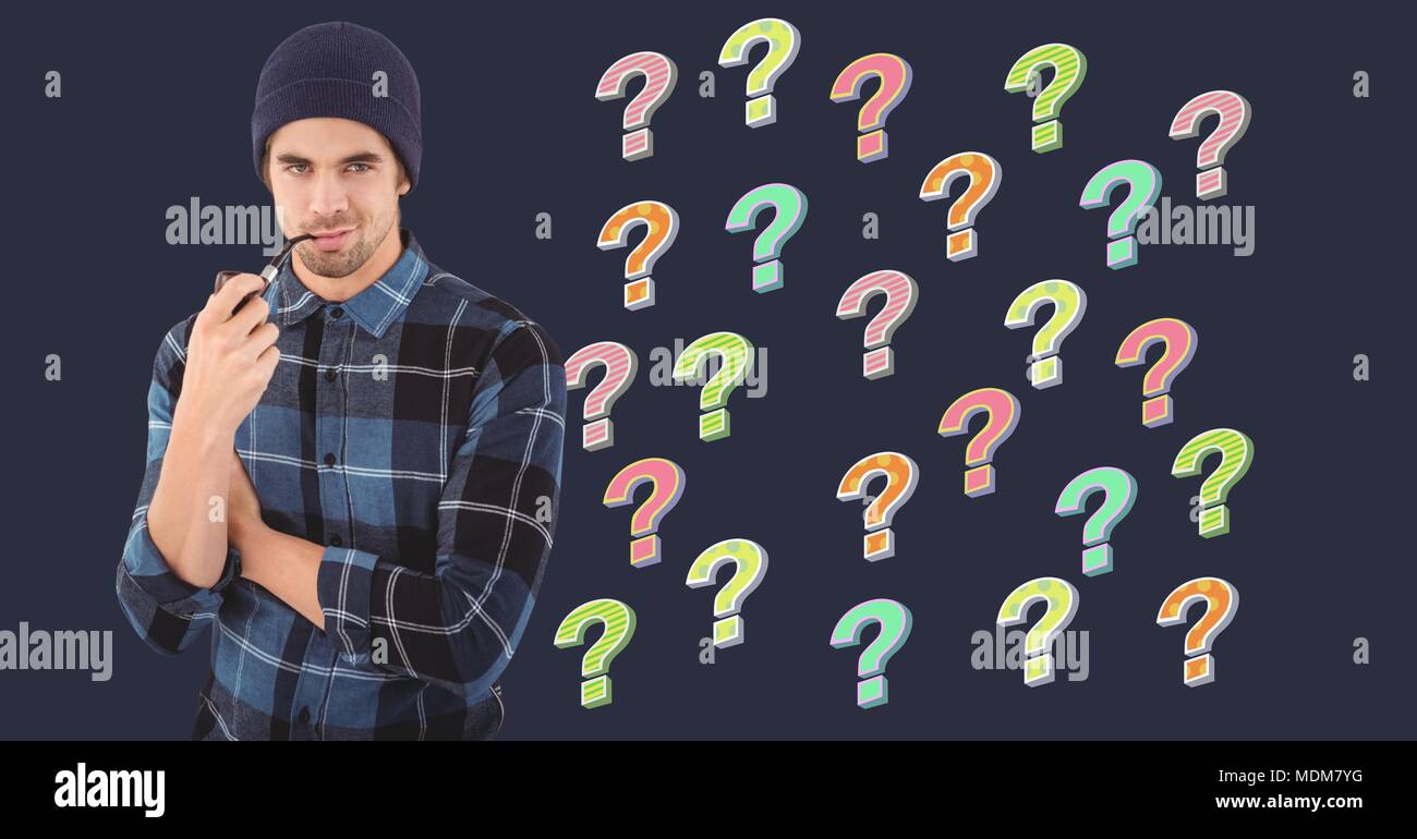 Man thinking with pipe and colorful funky question marks Stock Photo ...