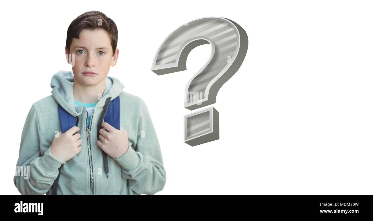 Kid Boy with grey question mark Stock Photo - Alamy