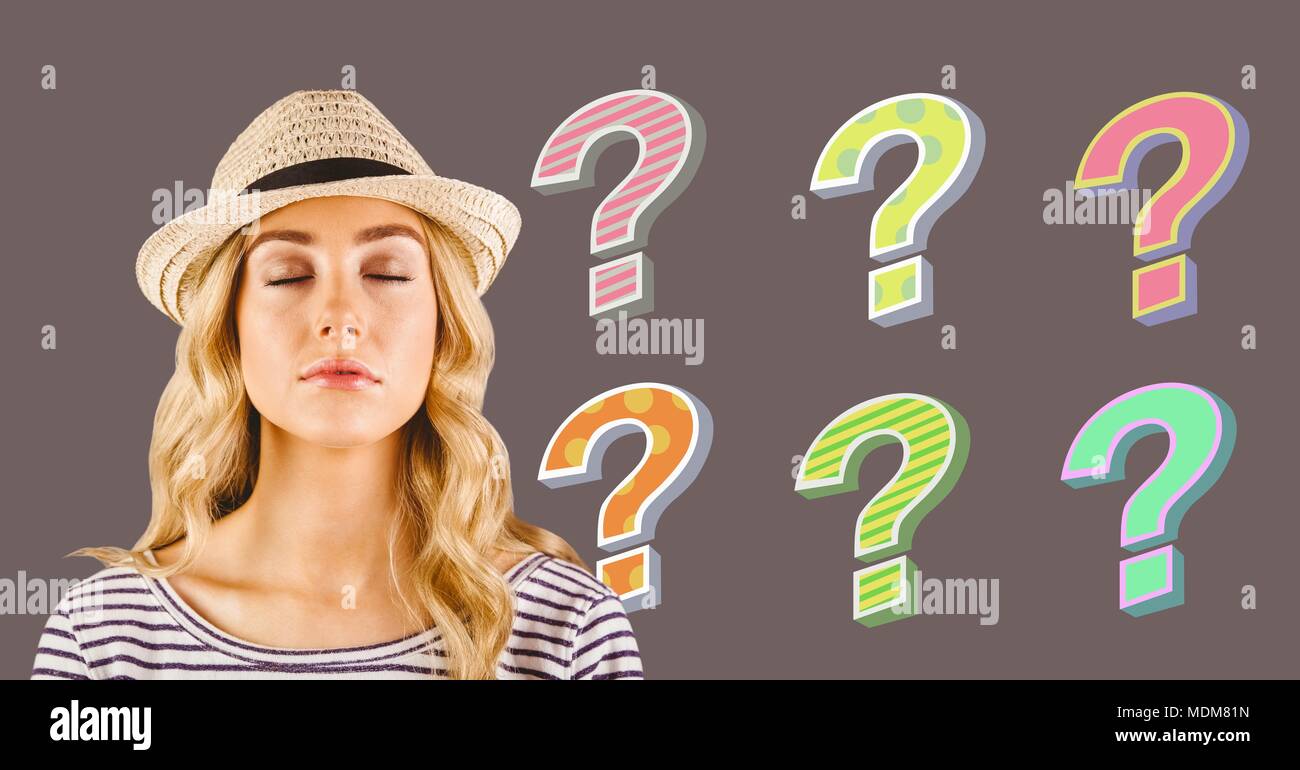 Woman with hat thinking with colorful funky question marks Stock Photo ...