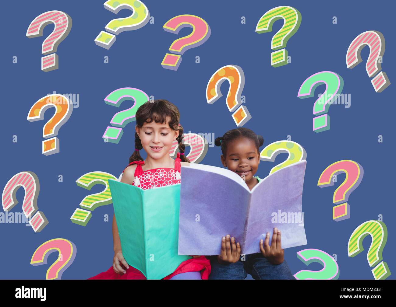 Kid Girls reading and learning with funky colorful question mark Stock ...