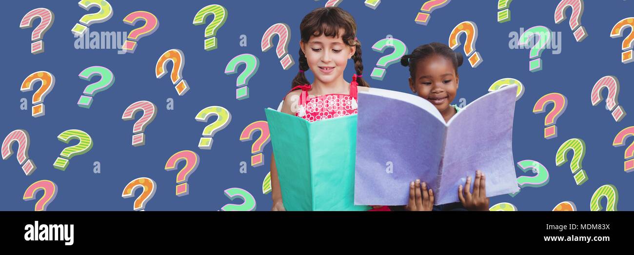 Kid Girls reading and learning with funky colorful question mark Stock ...