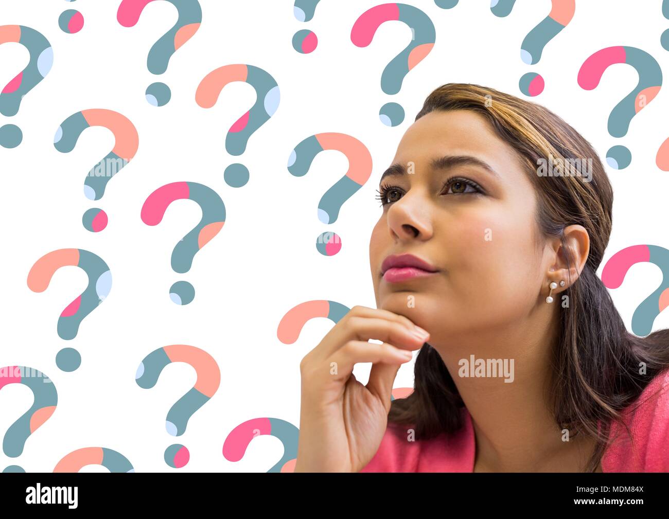 Woman with minimal colorful question marks Stock Photo - Alamy