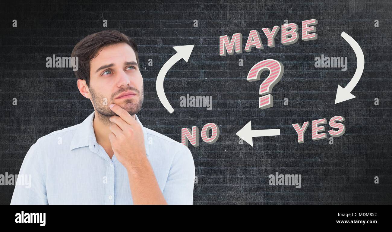 Man thinking Yes No Maybe text with arrows graphic on wall Stock Photo ...