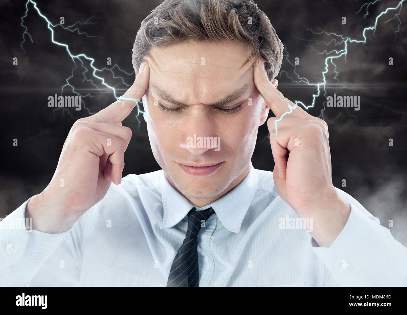 Lightning strikes and stressed man with headache holding head Stock ...