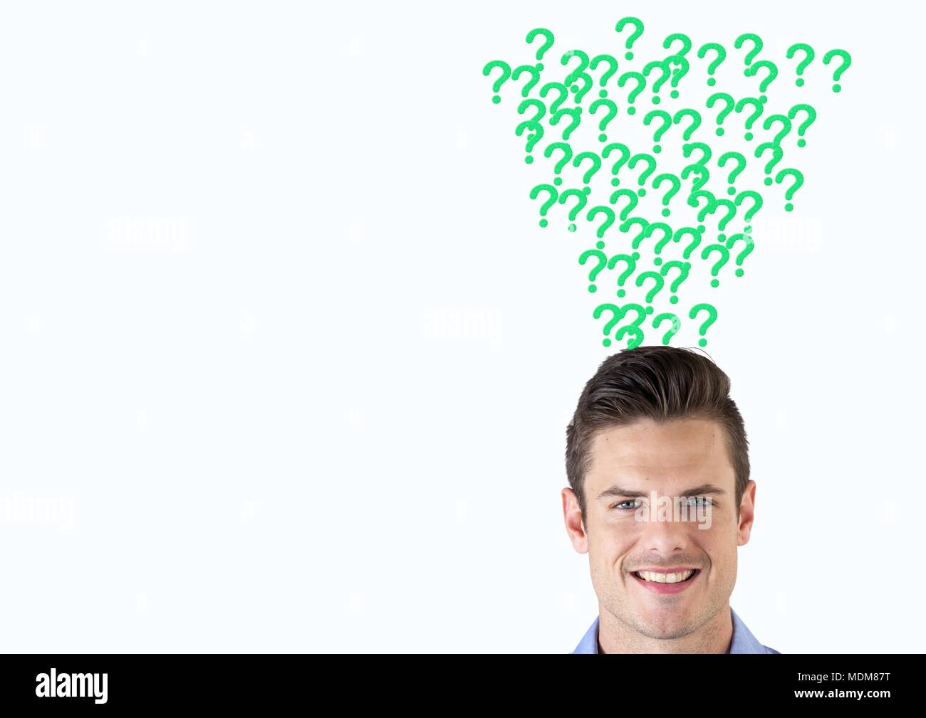 Man with blue question marks emerging from head Stock Photo - Alamy
