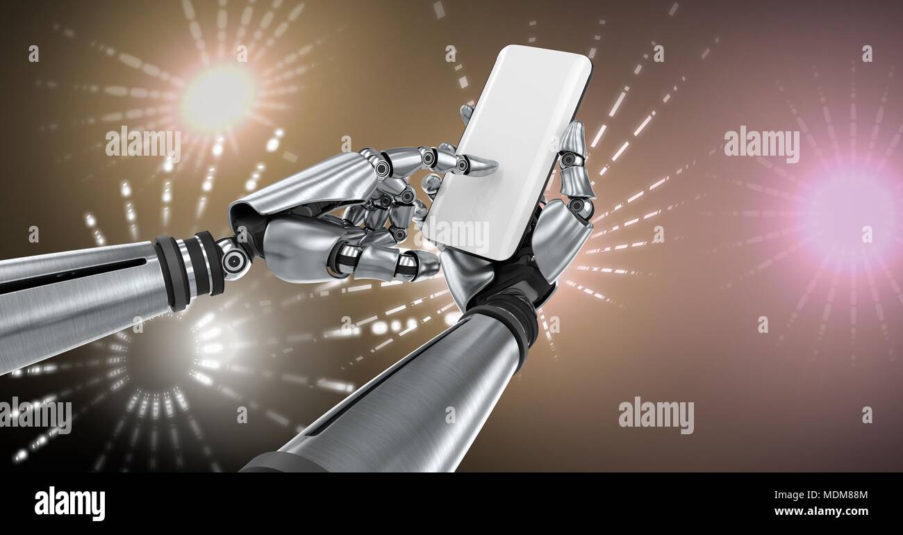 Robotic android hand using phone device and Glowing Firework circle ...