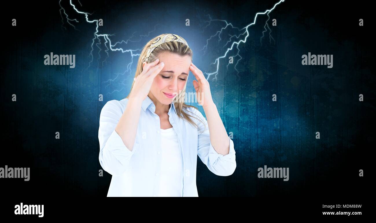 Lightning strikes and stressed woman with headache holding head Stock ...