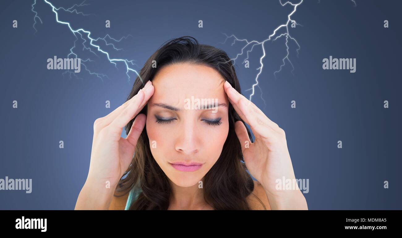 Lightning strikes and stressed woman with headache holding head Stock ...