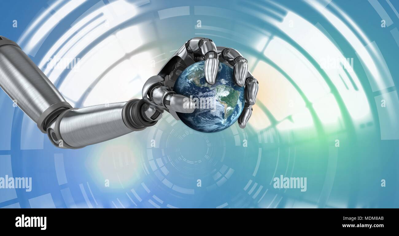 Robotic android hand holding earth and Glowing circle technology ...