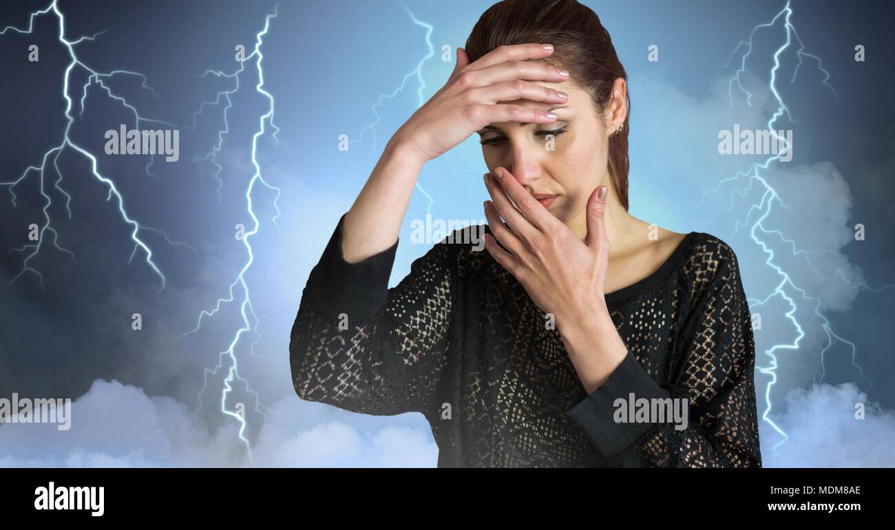 Lightning strikes and stressed woman with headache holding head Stock ...