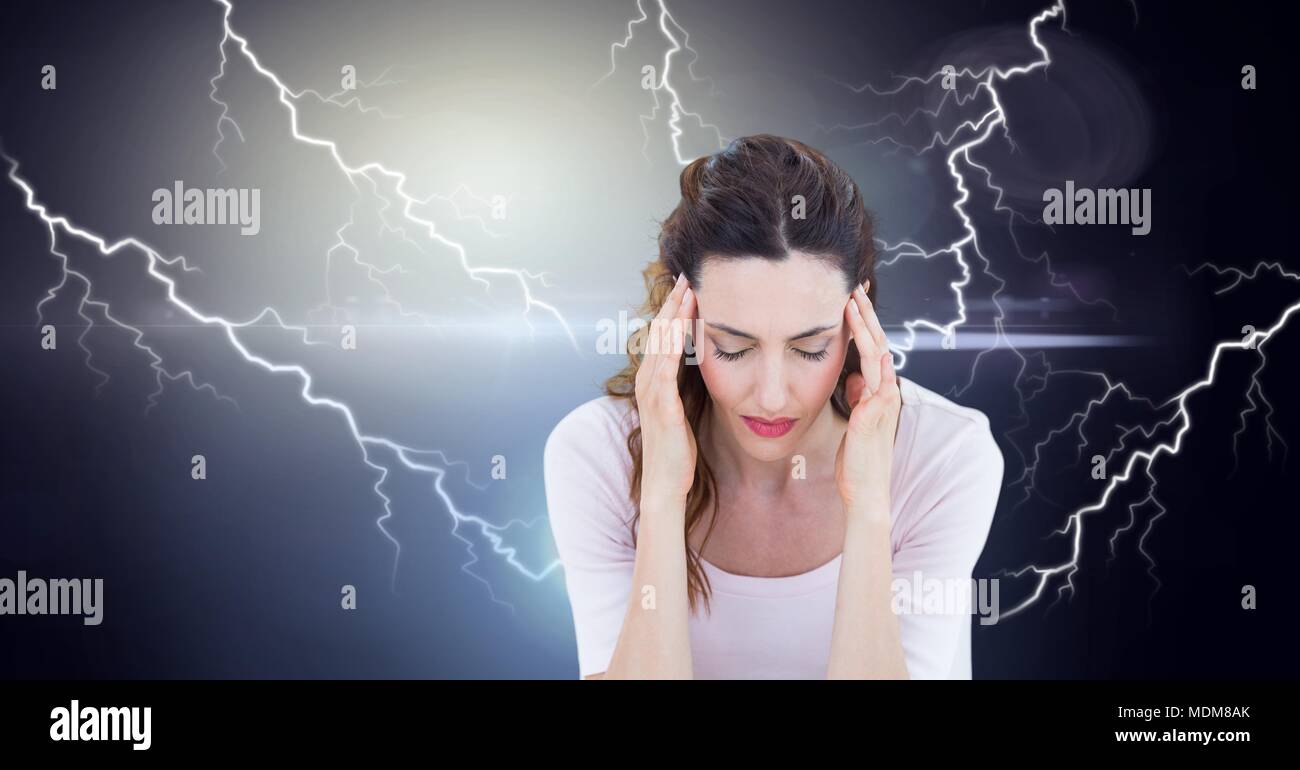 Lightning strikes and stressed woman with headache holding head Stock ...
