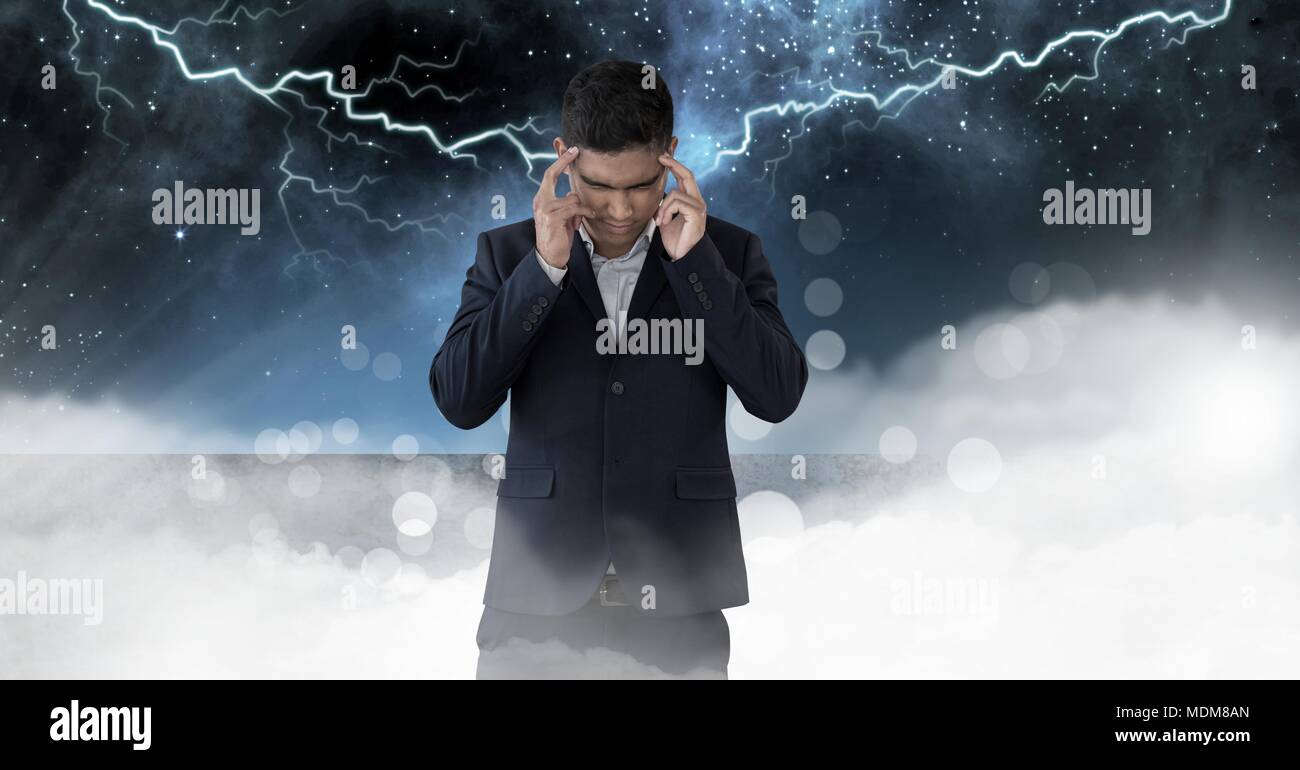 Lightning strikes and stressed man with headache holding head Stock ...