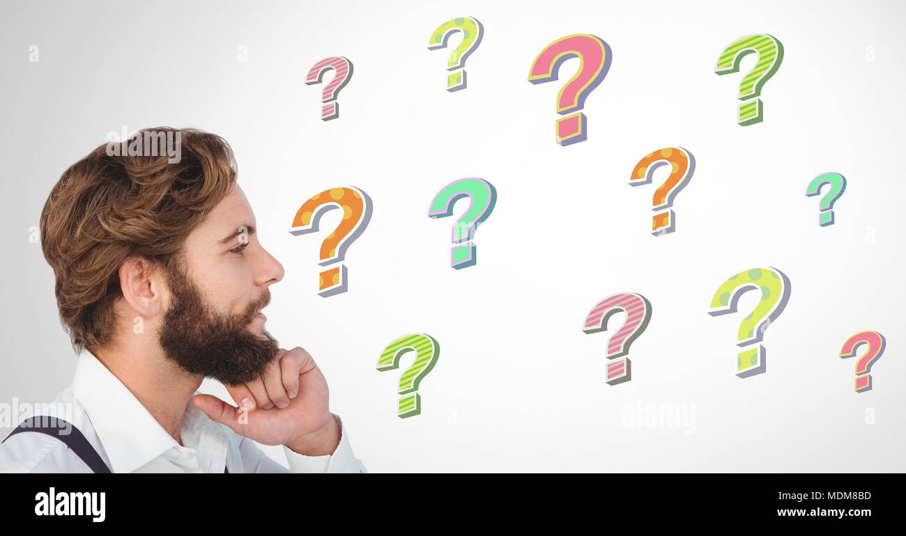 Man thinking with colorful funky question marks Stock Photo - Alamy