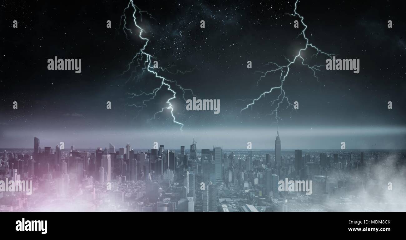 Lightning strikes in sky over city Stock Photo - Alamy
