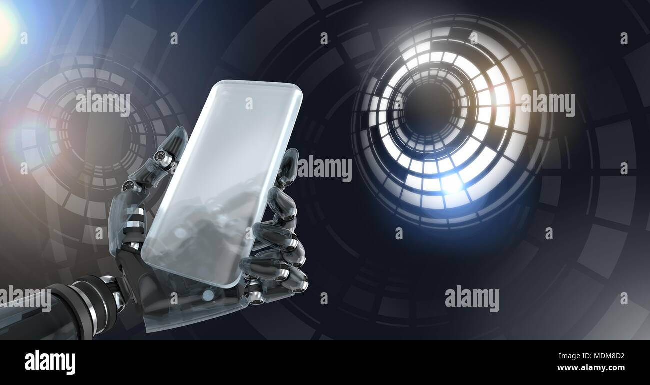 Robotic android hand holding phone and Glowing circle technology ...