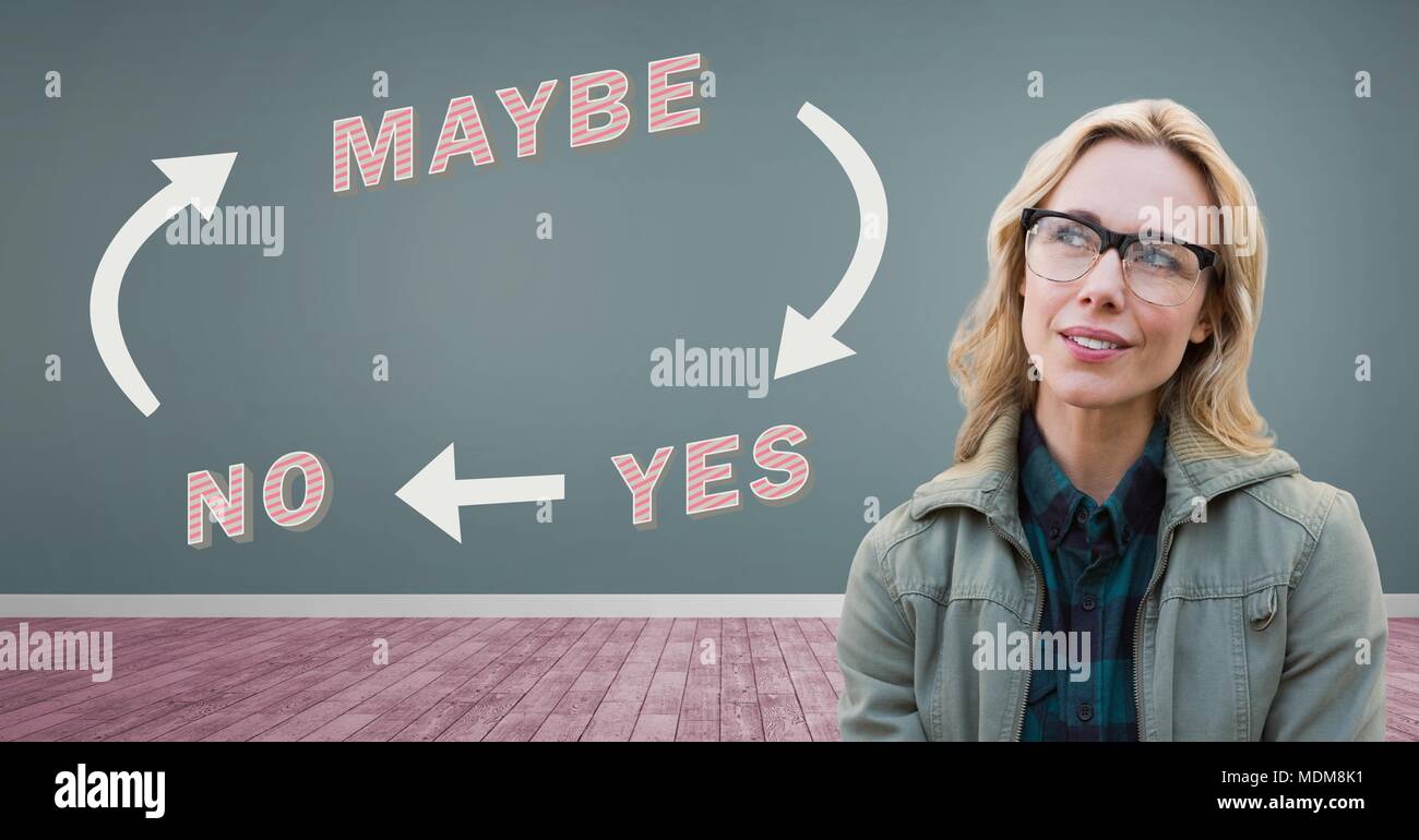 Woman thinking Yes No Maybe text with arrows graphic on wall Stock ...