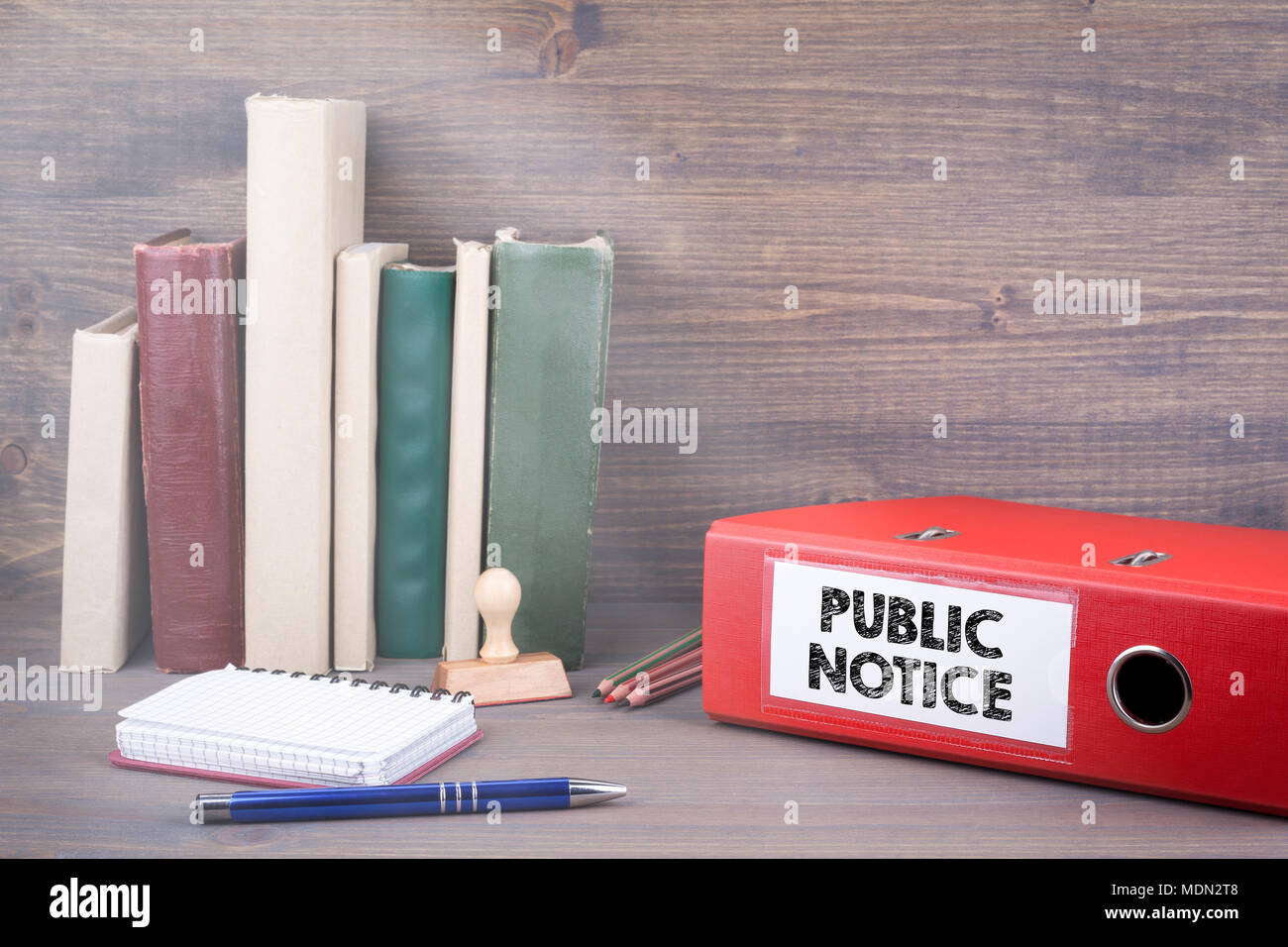 Public Notice. Binder on desk in the office. Business background Stock ...