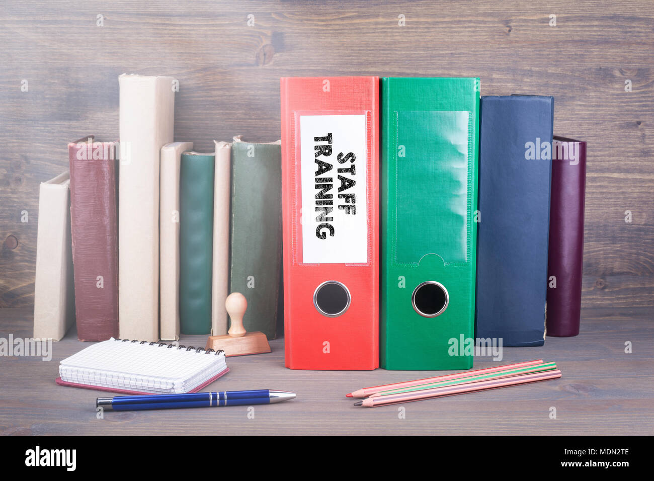 Staff Training. Binder on desk in the office. Business background Stock ...