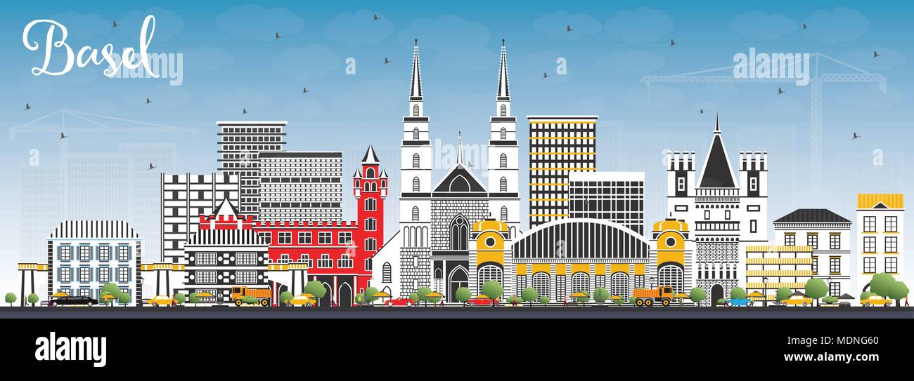 Basel Switzerland City Skyline with Color Buildings and Blue Sky ...
