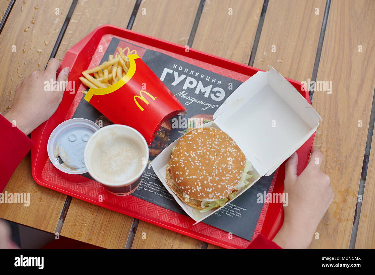 KALININGRAD, RUSSIA - CIRCA OCTOBER, 2017: food served on a tray at ...