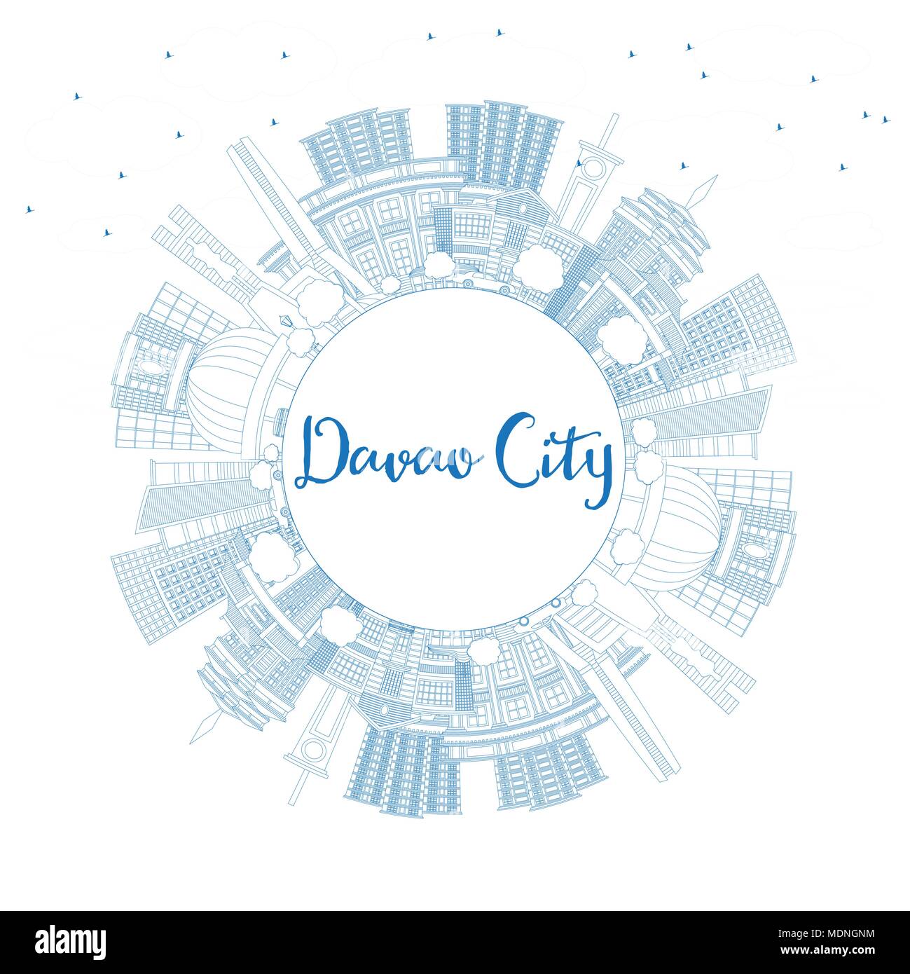Outline Davao City Philippines Skyline with Blue Buildings and Copy ...