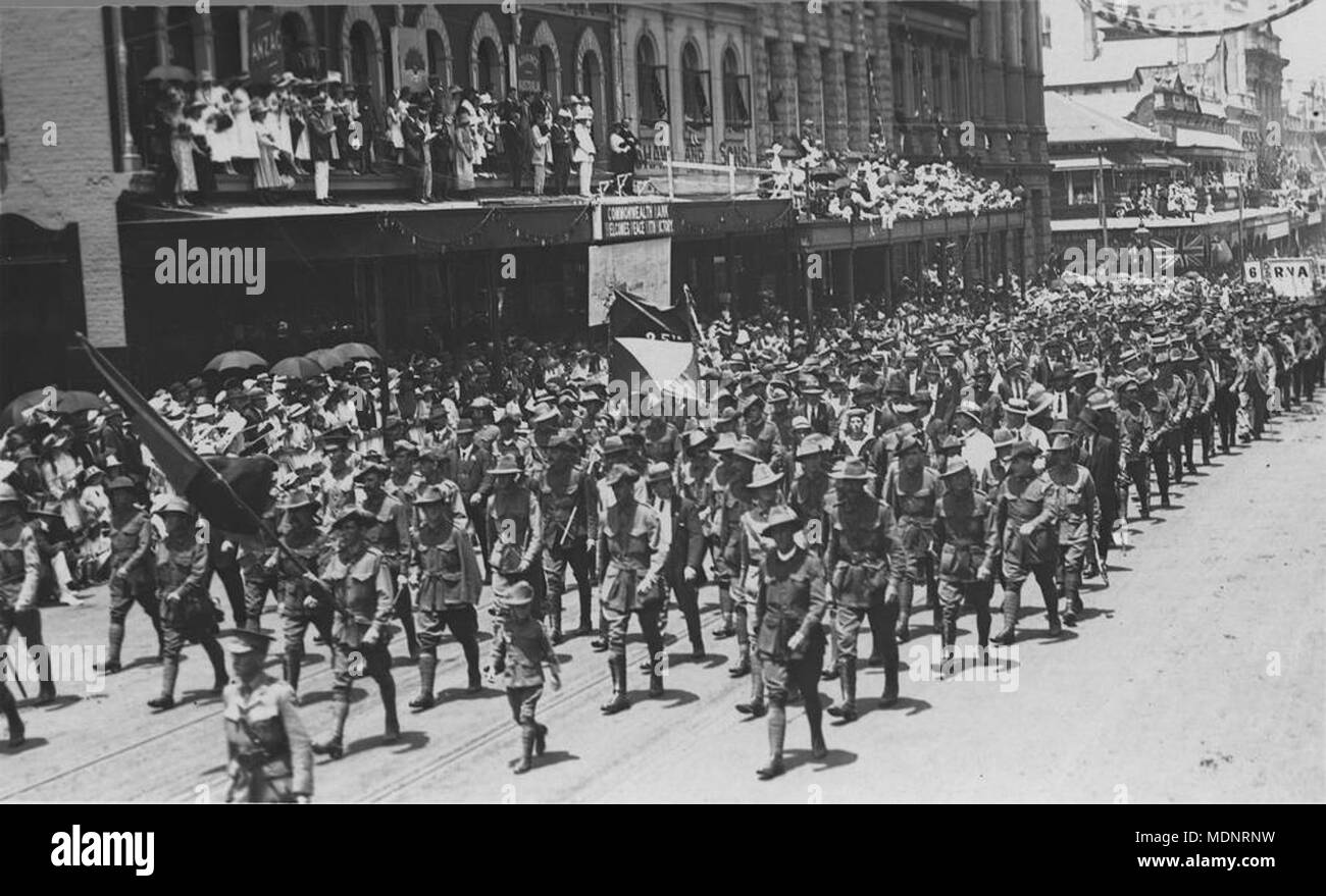 Street march to celebrate World War One victory, Brisbane, Queensland ...