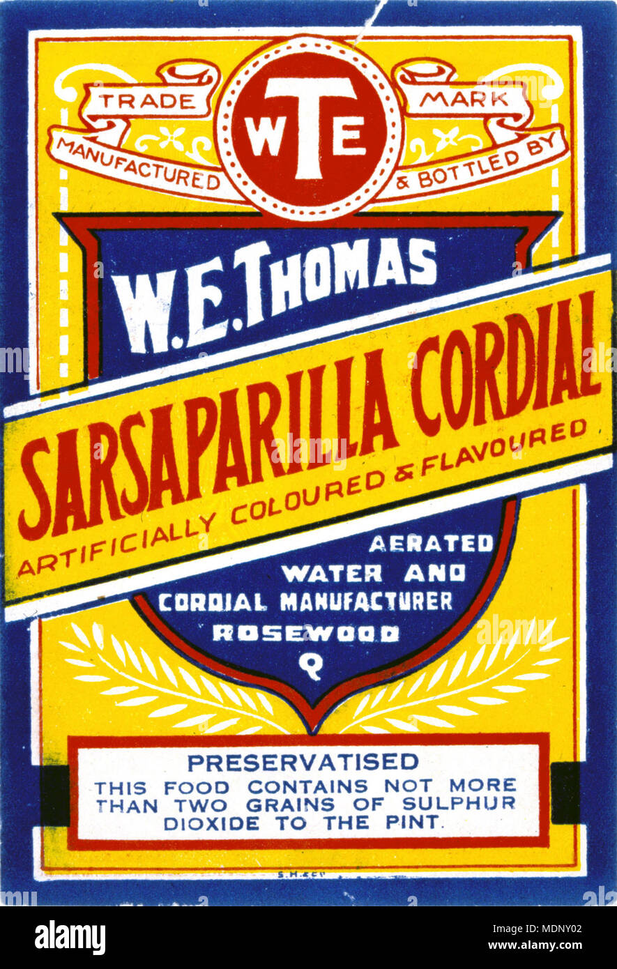 W E Thomas Sarsaparilla Cordial label Stock Photo - Alamy